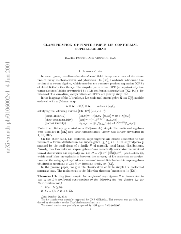 Pdf Classification Of Finite Simple Lie Conformal Superalgebras
