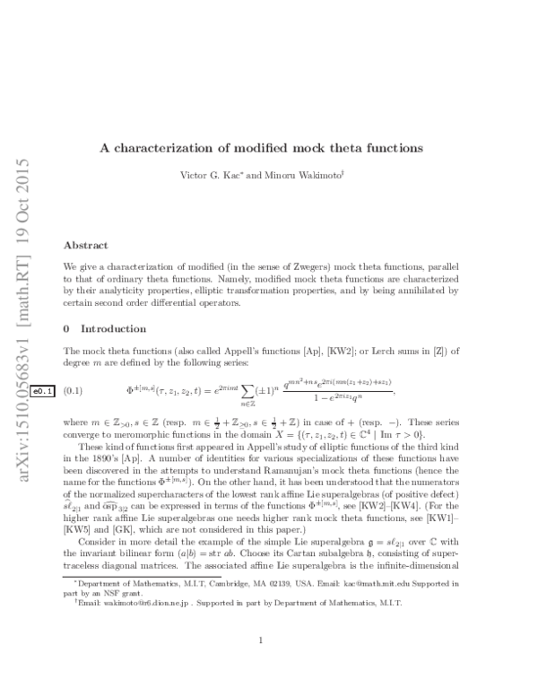 Pdf A Characterization Of Modified Mock Theta Functions Victor Kac