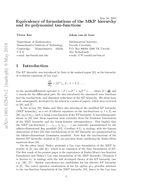 (PDF) Equivalence of formulations of the MKP hierarchy and its polynomial tau-functions