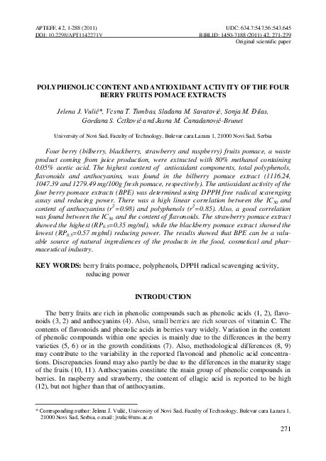 (PDF) Polyphenolic content and antioxidant activity of the four berry fruits pomace extracts