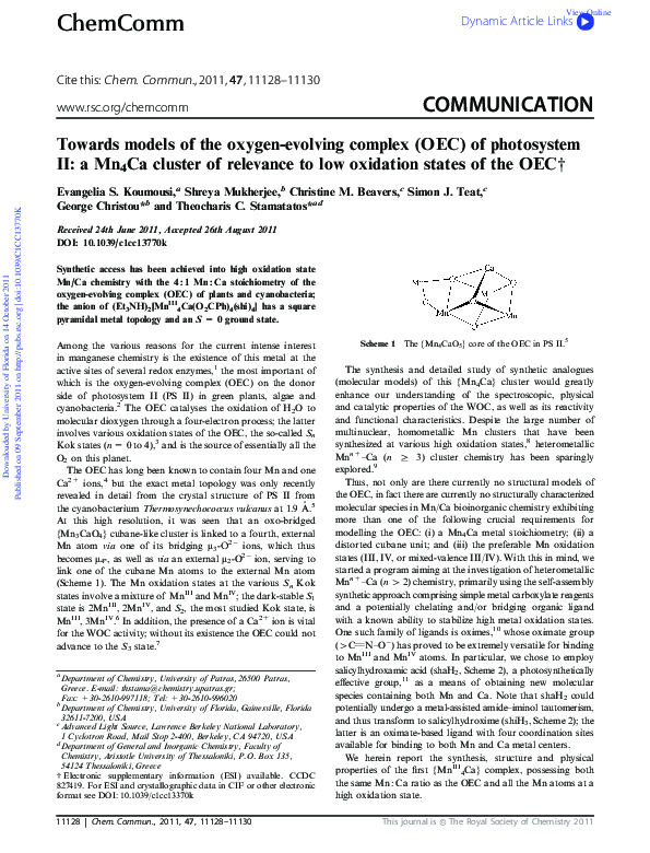 (PDF) Towards models of the oxygen-evolving complex (OEC) of photosystem II: a Mn4Ca cluster of ...