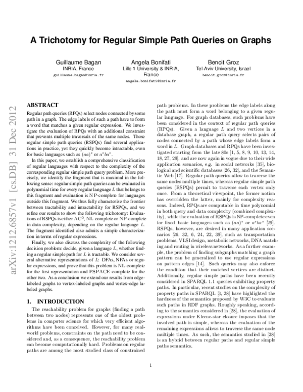 Pdf A Trichotomy For Regular Simple Path Queries On Graphs Guillaume Bagan