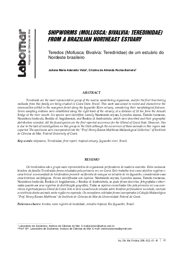 (PDF) SHIPWORMS (MOLLUSCA: BIVALVIA: TEREDINIDAE) FROM A BRAZILIAN ...