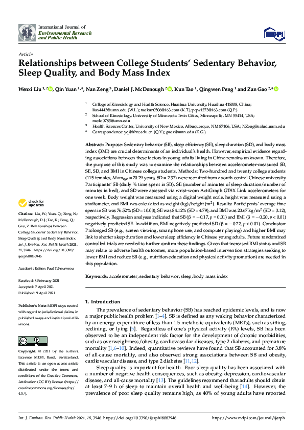 (PDF) Relationships between College Students' Sedentary Behavior, Sleep Quality, and Body Mass Index