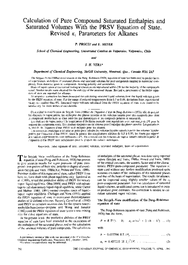 (PDF) Calculation of pure compound saturated enthalpies and saturated volumes with the PRSV ...