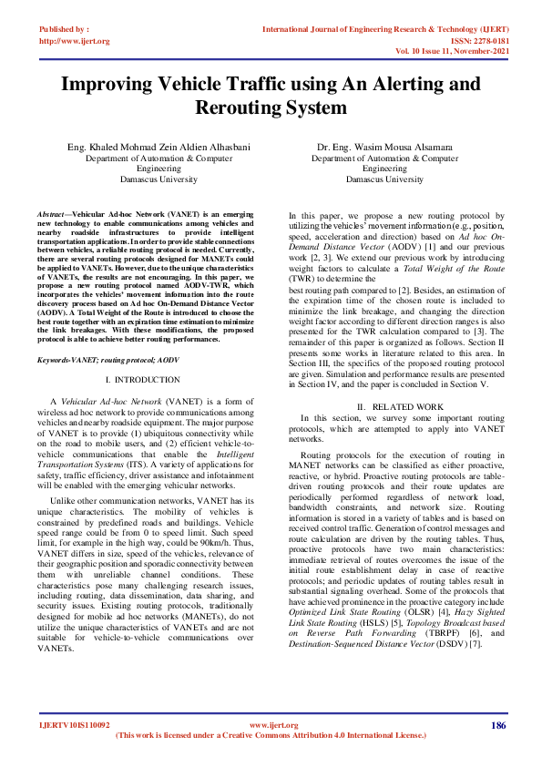 (PDF) Improving Vehicle Traffic using An Alerting and Rerouting System
