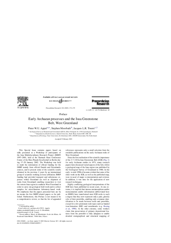 (PDF) Early Archaean processes and the Isua Greenstone Belt, West Greenland