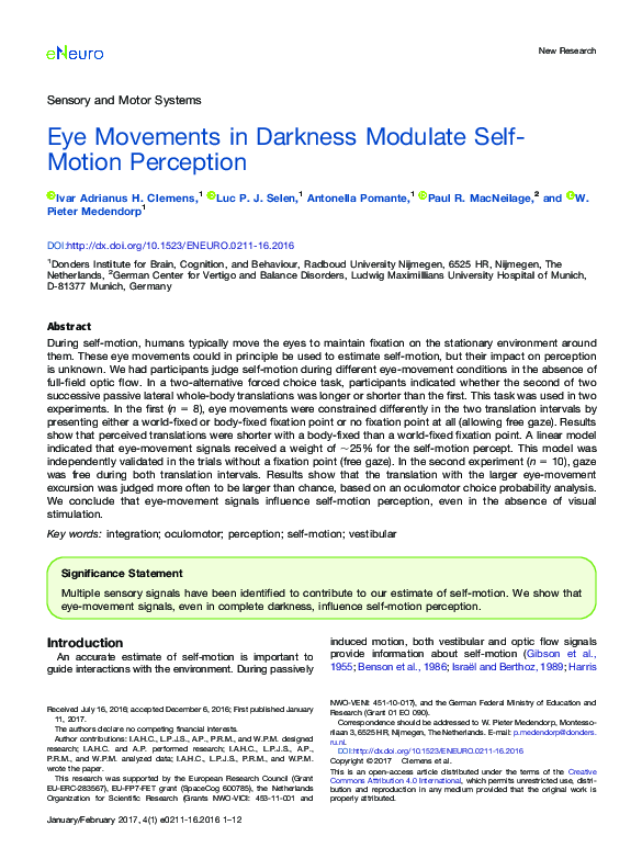 (PDF) Eye Movements in Darkness Modulate Self-Motion Perception