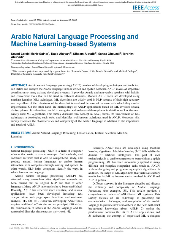 (PDF) Arabic Natural Language Processing and Machine Learning-based Systems