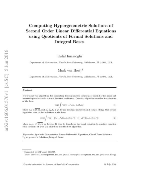 (PDF) Computing Hypergeometric Solutions of Second Order Linear Differential Equations using ...