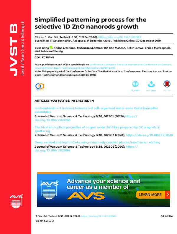 Pdf Simplified Patterning Process For The Selective 1d Zno Nanorods