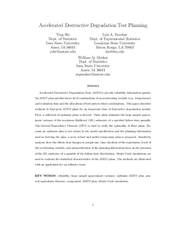 (PDF) Accelerated Destructive Degradation Test Planning