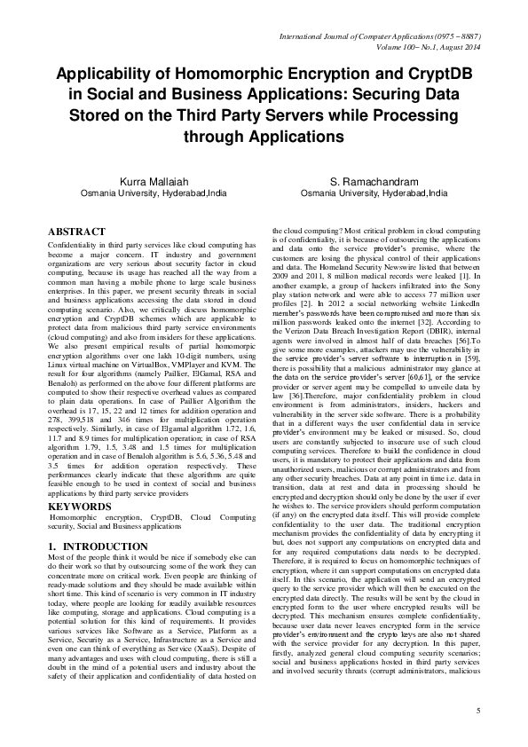 (PDF) Applicability of Homomorphic Encryption and CryptDB in Social and Business Applications ...