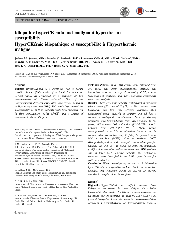 (PDF) Idiopathic hyperCKemia and malignant hyperthermia susceptibility