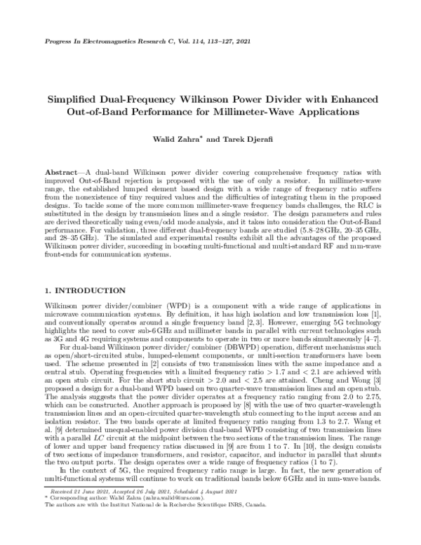 (PDF) Simplified Dual-Frequency Wilkinson Power Divider with Enhanced Out-Of-Band Performance ...