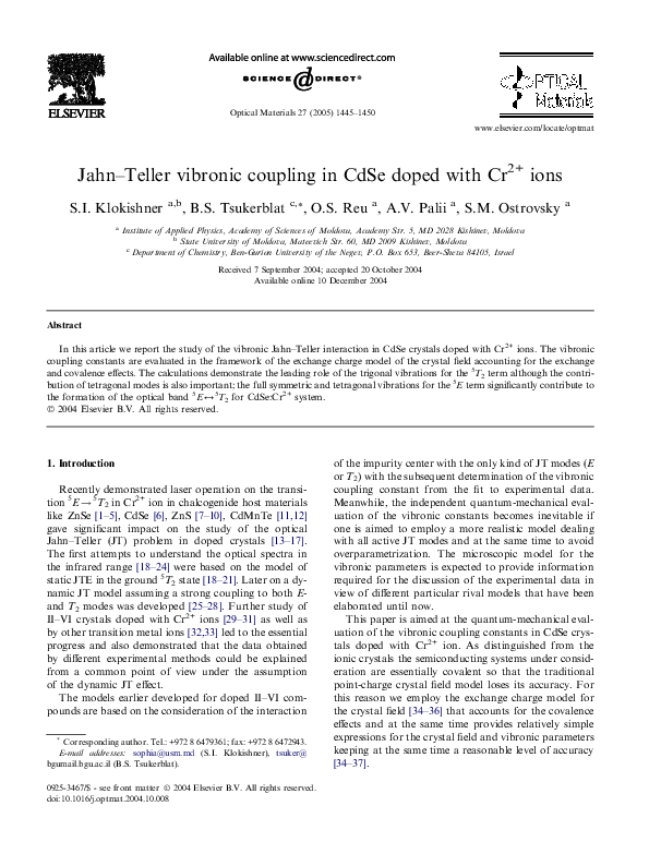 (PDF) Jahn–Teller vibronic coupling in CdSe doped with Cr2+ ions