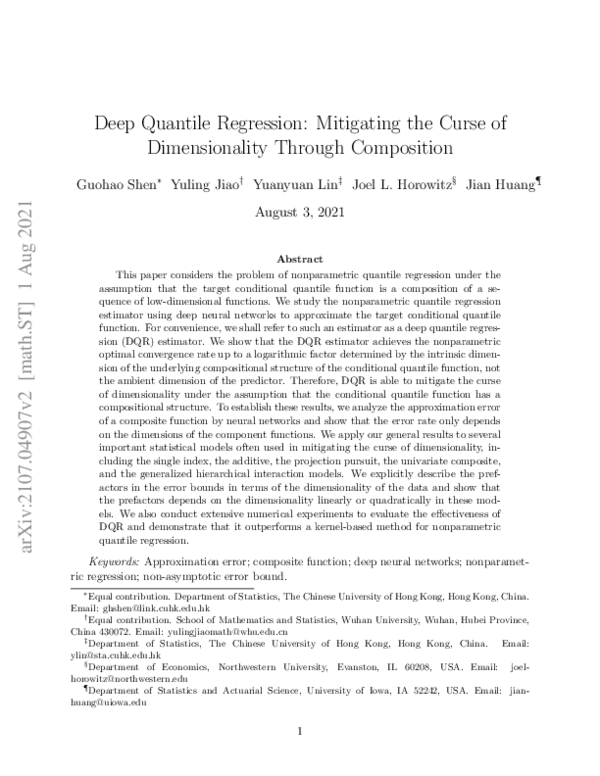 (PDF) Deep Quantile Regression: Mitigating the Curse of Dimensionality Through Composition
