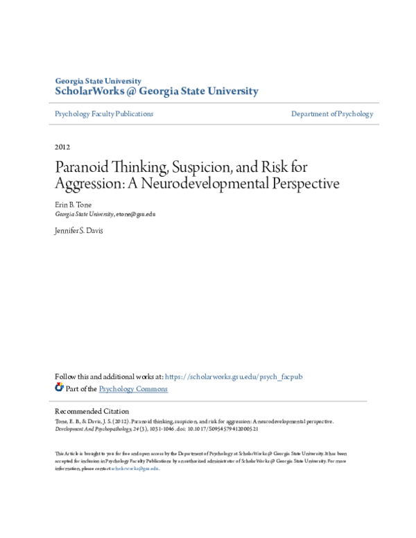 (PDF) Paranoid thinking, suspicion, and risk for aggression: A ...
