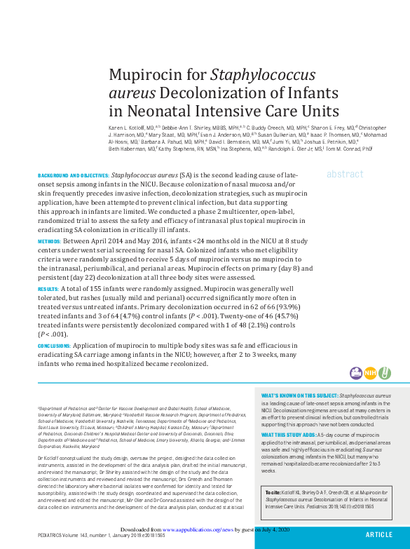 (PDF) Mupirocin for Staphylococcus aureus Decolonization of Infants in ...
