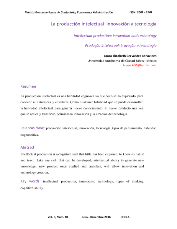 (PDF) La producción intelectual: innovación y tecnología / Intellectual ...