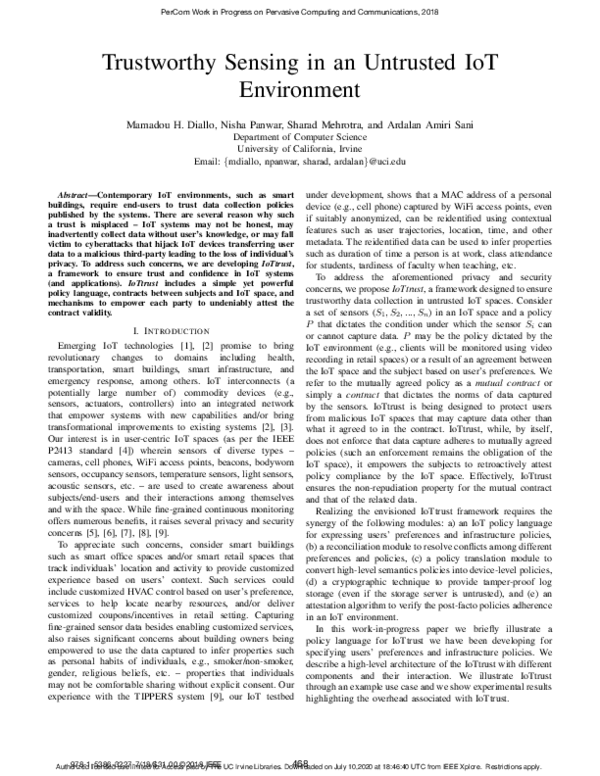 (PDF) Trustworthy Sensing in an Untrusted IoT Environment
