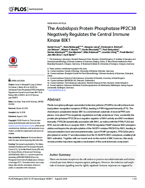 (PDF) The Arabidopsis Protein Phosphatase PP2C38 Negatively Regulates ...