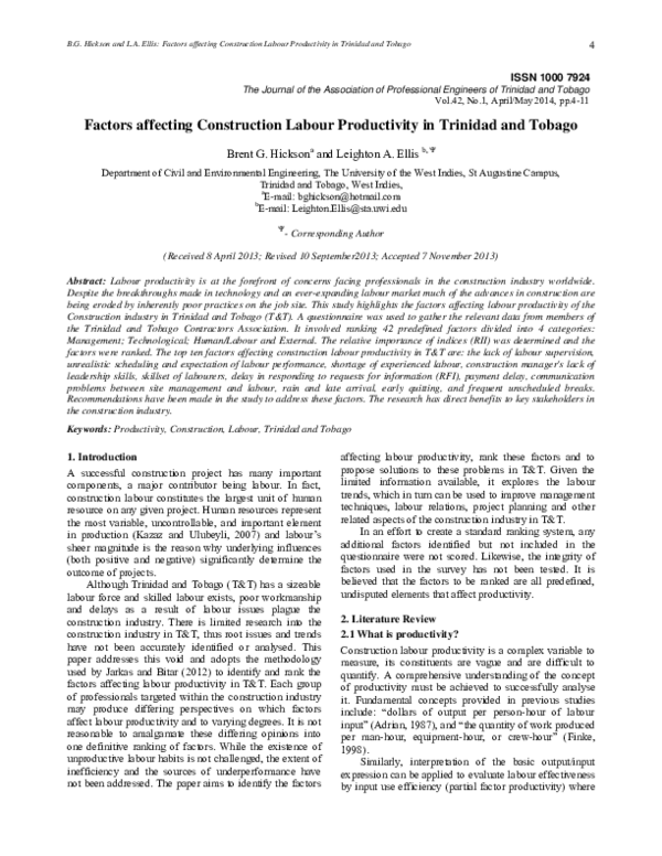 Pdf Factors Affecting Construction Labour Productivity In Trinidad