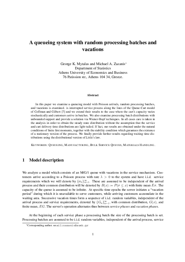 Pdf A Queueing System With Random Processing Batches And Vacations
