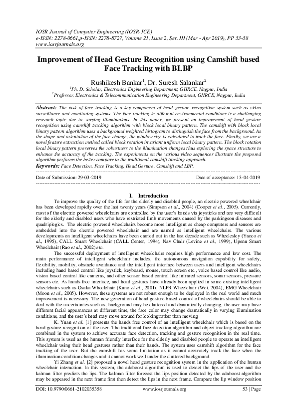 Pdf Improvement Of Head Gesture Recognition Using Camshift Based Face Tracking With Ukf