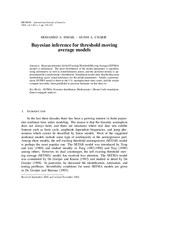 (PDF) Bayesian inference for threshold moving average models