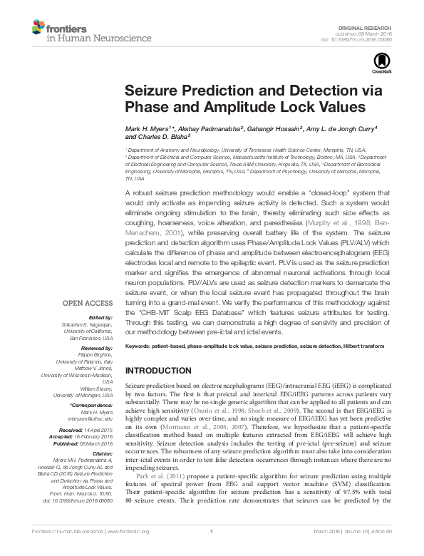 (PDF) Seizure Prediction and Detection via Phase and Amplitude Lock Values