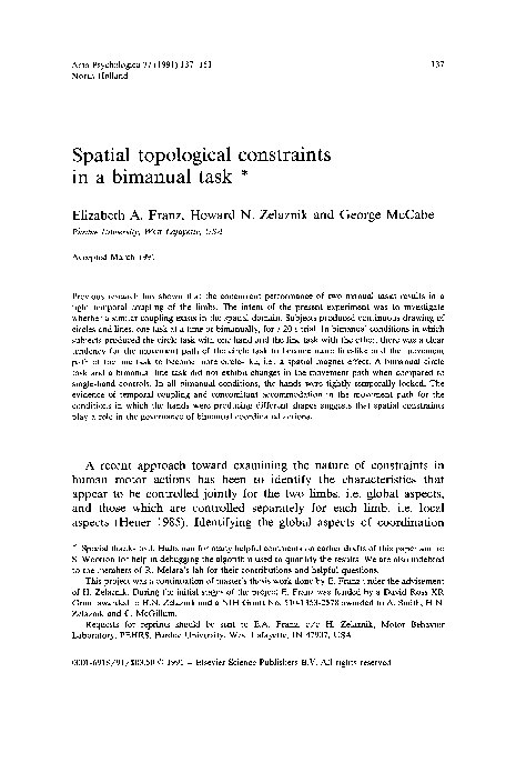 Pdf Spatial Topological Constraints In A Bimanual Task