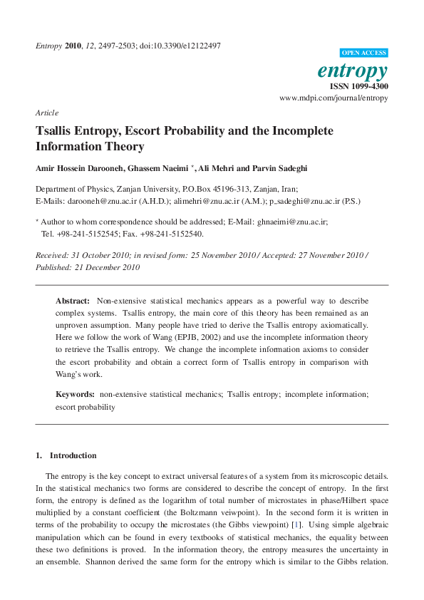 (PDF) Tsallis Entropy, Escort Probability and the Incomplete Information Theory