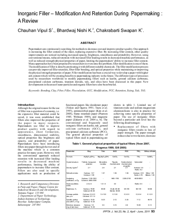 (PDF) Inorganic filler - modification and retention during papermaking ...