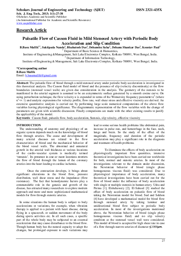 (PDF) Pulsatile Flow of Casson Fluid in Mild Stenosed Artery with Periodic Body Acceleration and ...