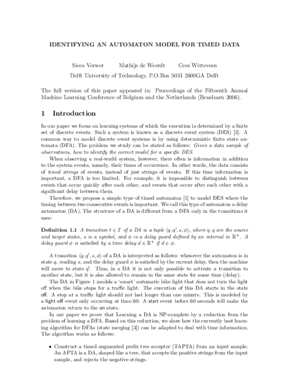 (PDF) Identifying an automaton model for timed data | Mathijs de Weerdt - Academia.edu