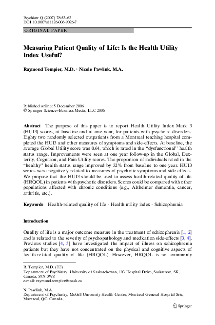 (PDF) Measuring Patient Quality of Life: Is the Health Utility Index ...