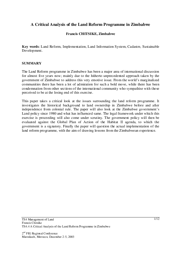 (PDF) A Critical Analysis of the Land Reform Programme in Zimbabwe
