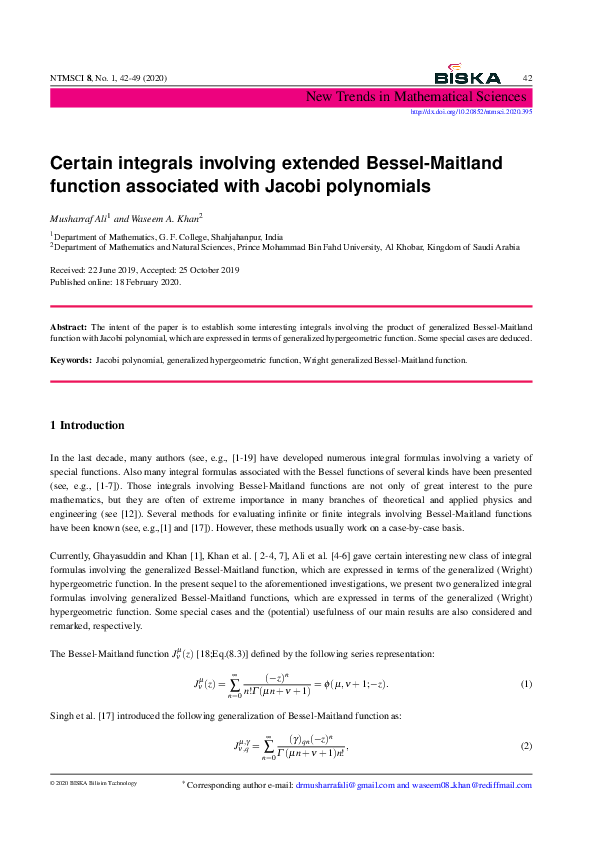 (PDF) Certain integrals involving extended Bessel-Maitland function associated with Jacobi ...