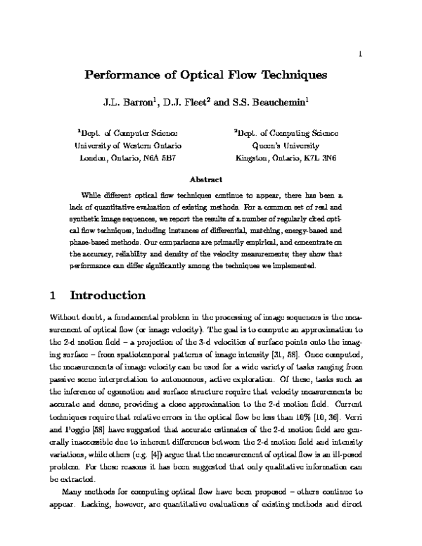 Pdf Performance Of Optical Flow Techniques