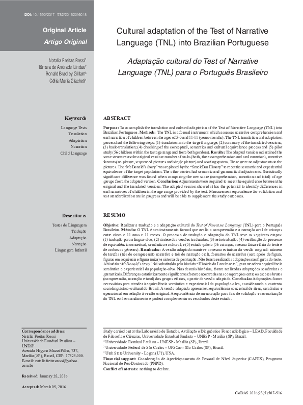 (PDF) Adaptação cultural do Test of Narrative Language (TNL) para o ...