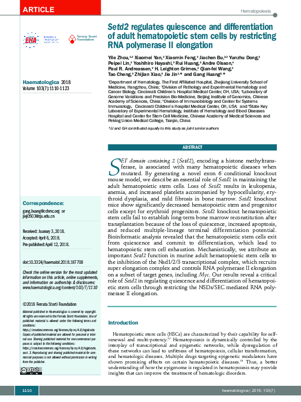 (PDF) Setd2 regulates quiescence and differentiation of adult ...