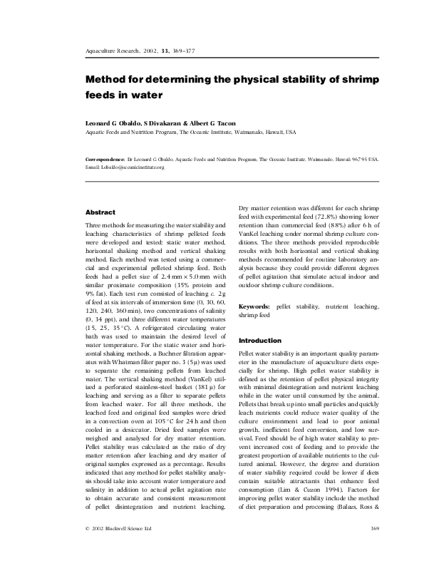 (PDF) Method for determining the physical stability of shrimp feeds in ...