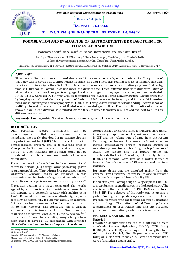 Pdf Research Formulation And Evaluation Of Gastroretentive Dosage Form For Fluvastatin Sodium