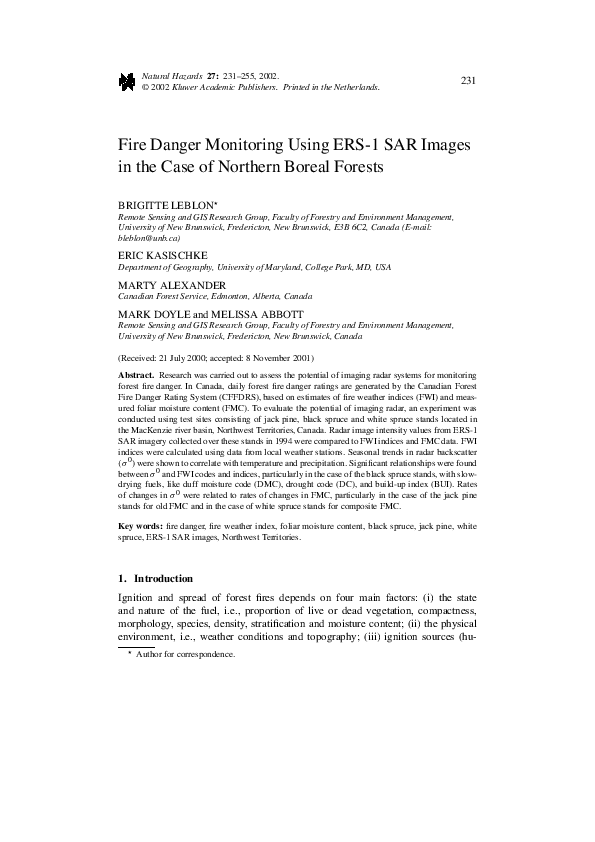 (PDF) Fire Danger Monitoring Using ERS-1 SAR Images In the Case of ...