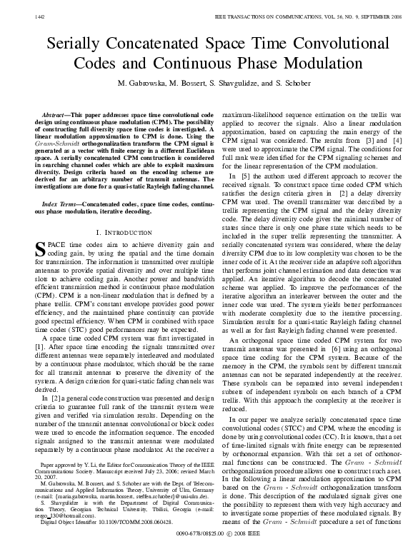 Pdf Serially Concatenated Space Time Convolutional Codes And Continuous Phase Modulation