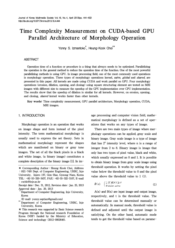 Pdf Time Complexity Measurement On Cuda Based Gpu Parallel Architecture Of Morphology Operation