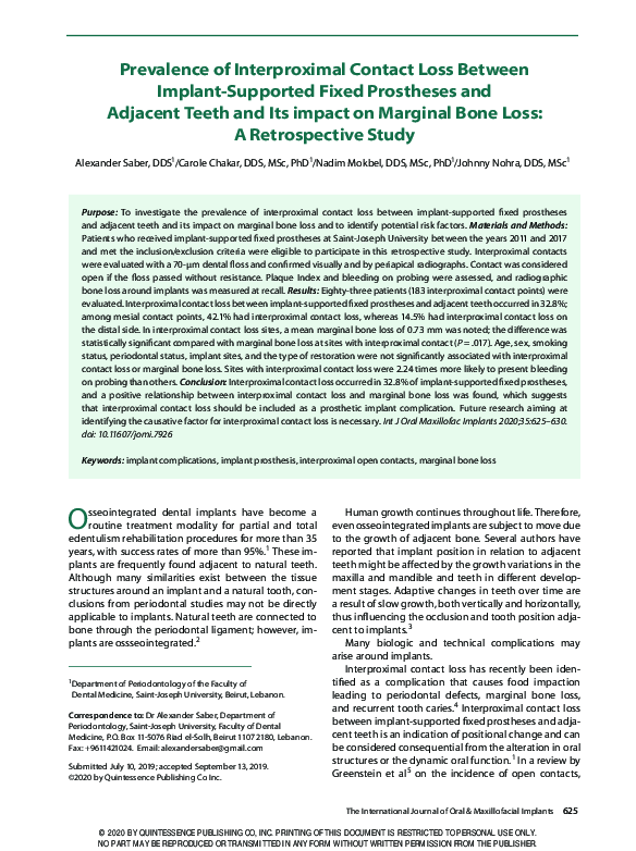 (PDF) Prevalence of Interproximal Contact Loss Between Implant ...