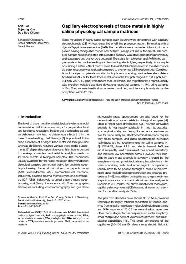 (PDF) Capillary electrophoresis of trace metals in highly saline ...
