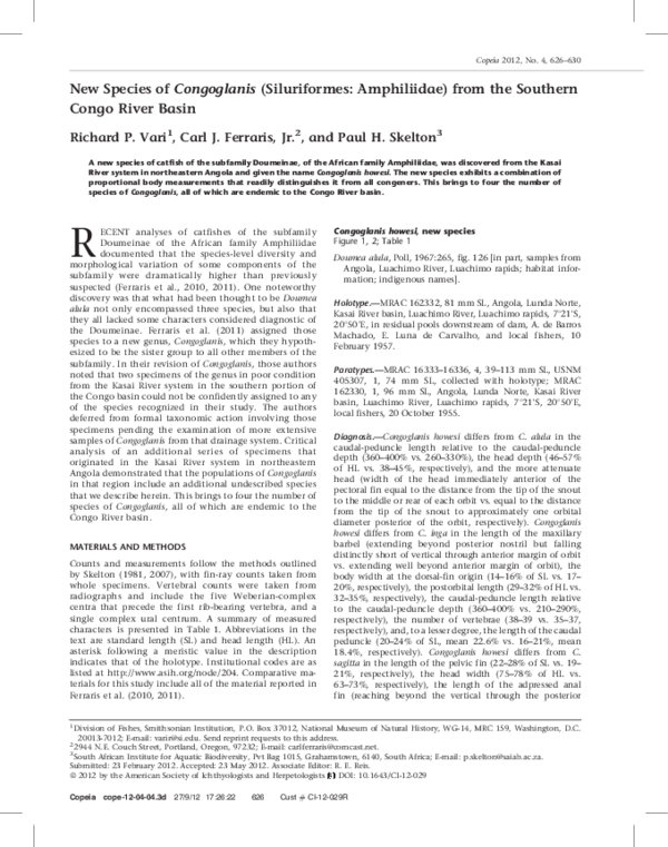 (PDF) New Species of Congoglanis (Siluriformes: Amphiliidae) from the ...